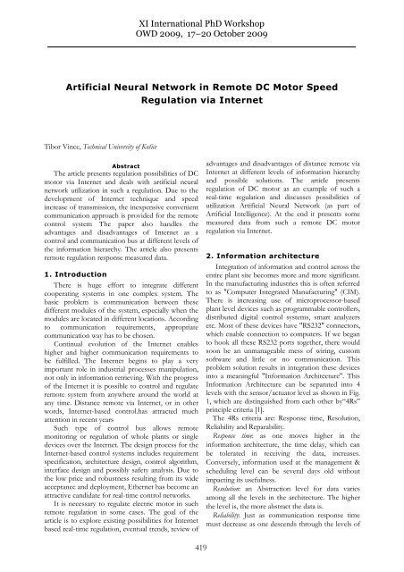 Artificial Neural Network In Remote Dc Motor Speed Regulation Via