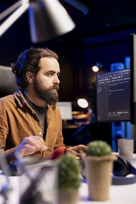 It Specialist Typing On Keyboard Writing Code To Build Firewalls Stock