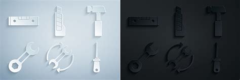 워크플로 해머 스패너 스크루 드라이버 문구 칼 및 건설 버블 레벨 아이콘으로 렌치와 화살표를 설정합니다 벡터 3차원 형태에 대한 스톡 벡터 아트 및 기타 이미지 Istock