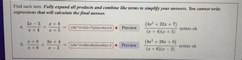 solved find each sum fully expand all products and combine