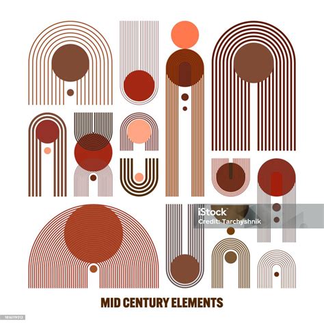 세기 중반 아치와 원형 요소 현대적인 기하학적 모양 현대적인 디자인 미니멀리스트 아트 벽 장식 포스터 책 표지 및 전단지를 위한