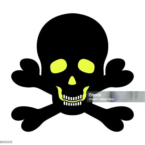 두개골과 십자가 빛나는 눈빛 실루엣 벡터 그림입니다 해적 기호 직선 이빨로 턱 눈과 코 대신 빈 골격의 필수적인 부분입니다 격리된 흰색 배경입니다 건강 진단에 대한 스톡