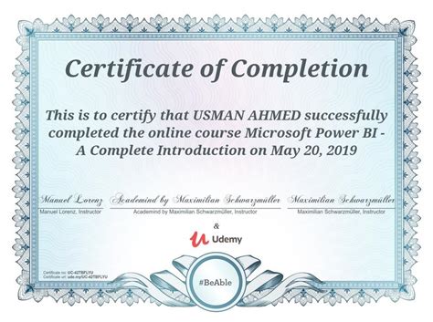 Certificate Udemy Microsoftpowerbi Manuel Introduction Usman Ahmed