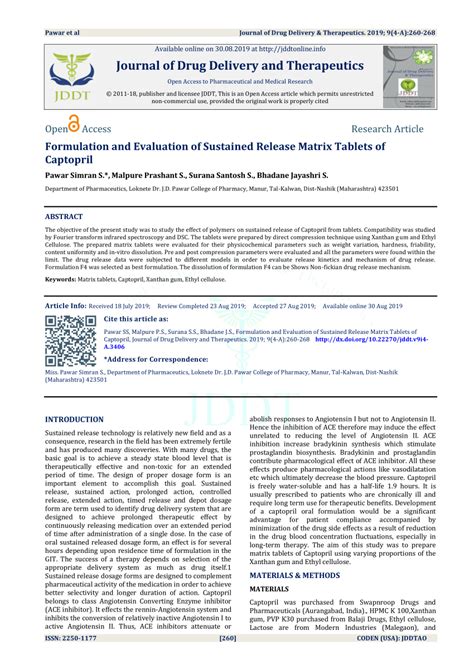 Pdf Formulation And Evaluation Of Sustained Release Matrix Tablet Of Captopril