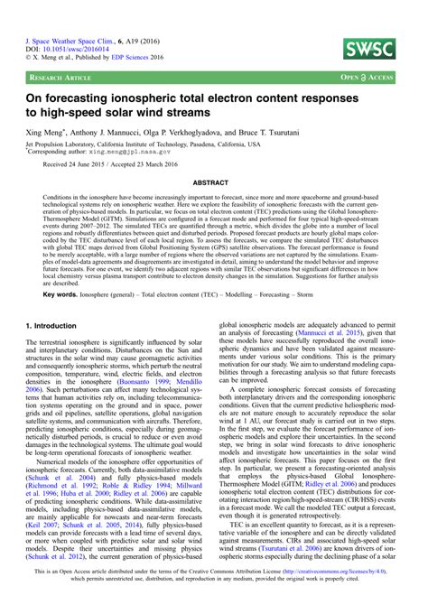 Pdf On Forecasting Ionospheric Total Electron Content Responses To High Speed Solar Wind Streams