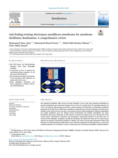 Anti Foulingwetting Electrospun Nanofibrous Membranes For Membrane