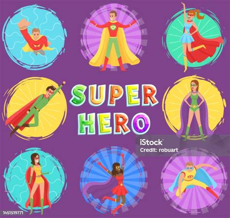 강한 슈퍼 맨은 세상을 구하기 위해 미소 짓고 날아갑니다 망토가있는 슈퍼 히어로 의상의 용감한 캐릭터 개념에 대한 스톡 벡터