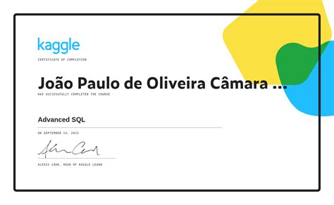 João Paulo De Oliveira Câmara Fernandes Completed The Advanced Sql Course On Kaggle
