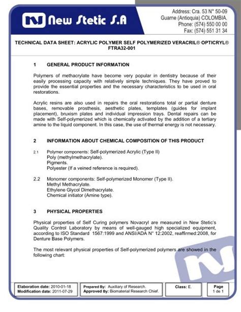 Technical Data Sheet Acrylic Polymer Self New Stetic