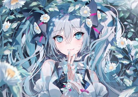 Miwano Rag Hatsune Miku Vocaloid Flower Request 1girl Aqua Eyes