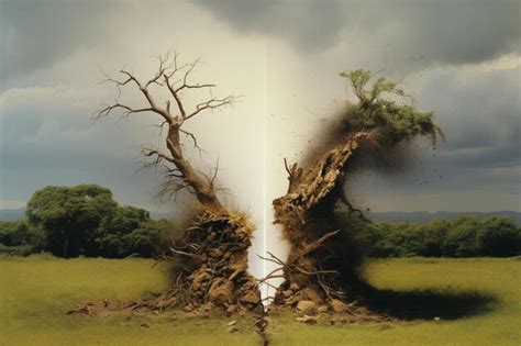 Lightning Bolt Splitting Tree In Half Natural Disaster Photo Premium