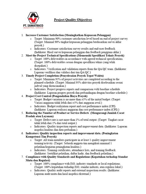 Project Quality Objectives Pdf Quality Business