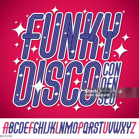 펑키 높이 대문자 영어 알파벳 편지 컬렉션 재미에 대 한 레트로 포스터 디자인 요소로 사용 하기 위해 벡터 클럽 이나 콘서트 광고 0명에 대한 스톡 벡터 아트 및 기타