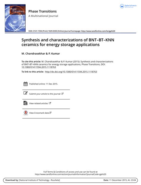 Pdf Synthesis And Characterizations Of Bntbtknn Ceramics For Energy
