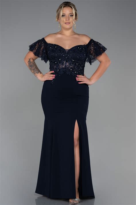 Long Navy Blue Dantelle Plus Size Evening Dress Abu2571