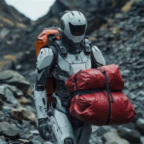 Futuristic Robot Explorer Trekking Through Rugged Mountain Terrain Stock Image Image Of