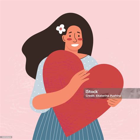 귀여운 젊은 여자가 손에 큰 빨간 하트를 들고 있다 발렌타인 데이 어머니의 날 사랑의 상징에 대 한 다채로운 평면 벡터 삽화