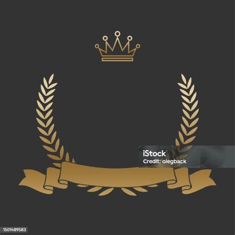 황금 리본과 왕관이 있는 사실적인 금 월계관 프리미엄 휘장 검은 배경에 전통적인 승리의 상징 승리 승리 포스터 배너 레이아웃 반짝이는 프레임 테두리 왕관에 대한 스톡 벡터