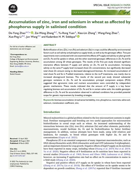 Pdf Accumulation Of Zinc Iron And Selenium In Wheat As Affected By