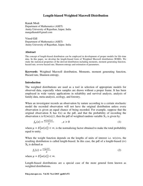 Pdf Length Biased Weighted Maxwell Distribution