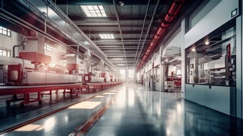 Aisle And Modern Factory With Machinery In Production Line Stock