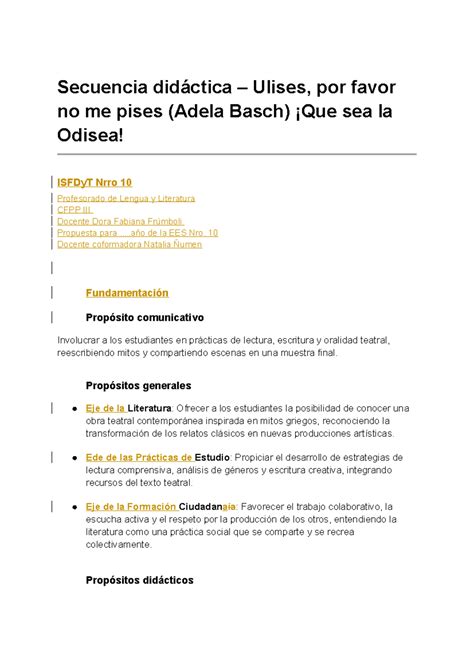 Propuesta Didáctica Ulises Por Favor No Me Pises Isfdyt Nrro 10