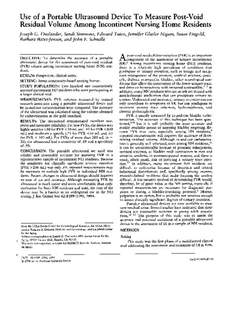 Pdf Use Of A Portable Ultrasound Device To Measure Post Void Residual