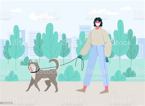 흰색 의료 보호 얼굴 마스크와 장갑을 입은 여성 공원에서 자신의 개와 함께 걷고 코로나바이러스 검역 새로운 코로나바이러스