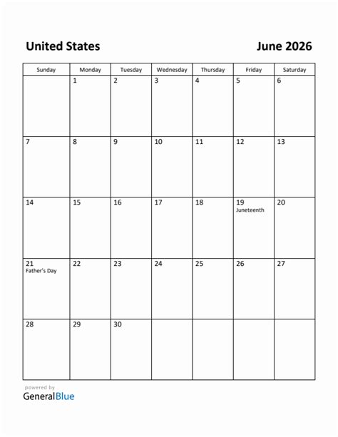 June 2026 Monthly Calendars With United States Holidays