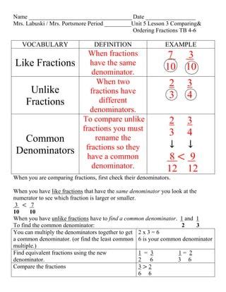 Unit 5 Lesson 3 Comparing Ordering Fractions PDF