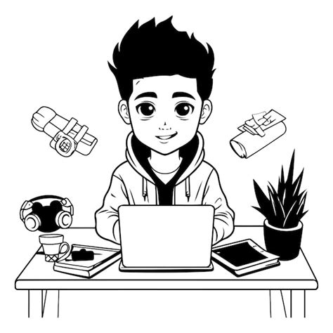 Premium Vector Teenager Boy With Laptop And Technology Elements
