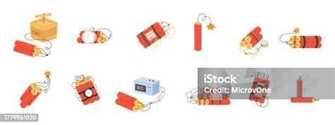 Tnt 다이너마이트 클립 아트 고립된 다이너마이트 아이콘 폭발 도구 및 폭탄 무기 컬렉션 빨간 폭탄에 타이머 시계 아늑한 벡터 만화 세트 가지 식물 부위에 대한 스톡 벡터