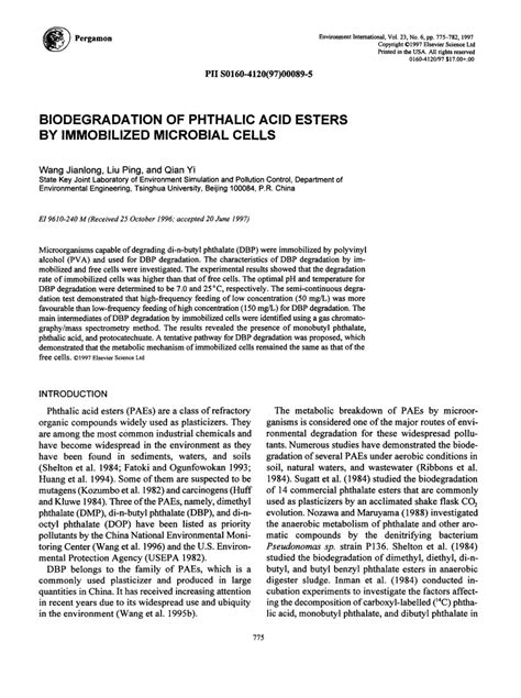 Pdf Biodegradation Of Phthalic Acid Esters By Immobilized Microbial Cells