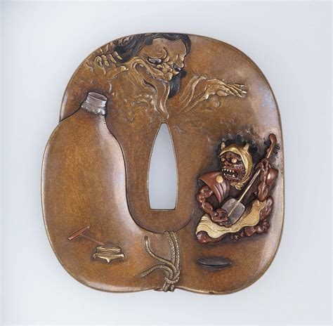 Tsuba Sword Guard With Design Of A Sake Bottle And A Specter Rising