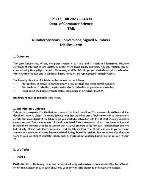 CPS213 Lab1 Notes 1 CPS213 Fall 2023 LAB Dept Of Computer Science TMU Number Systems