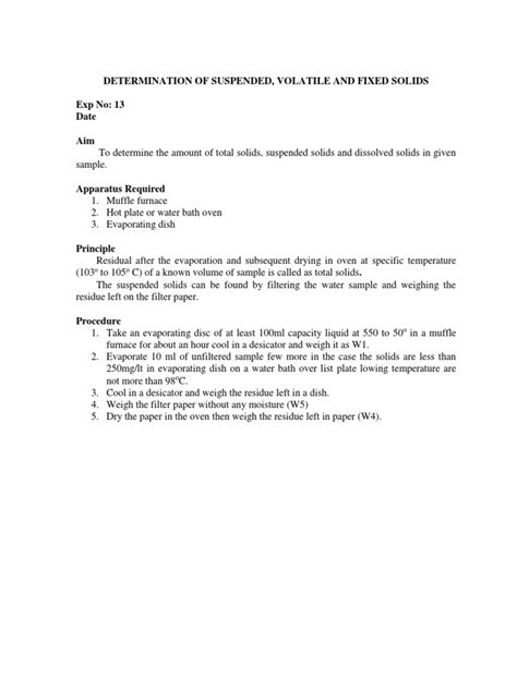 Determination Of Suspended Volatile And Fixed Solids Pdf