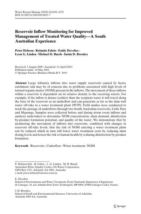Pdf Reservoir Inflow Monitoring For Improved Management Of Treated