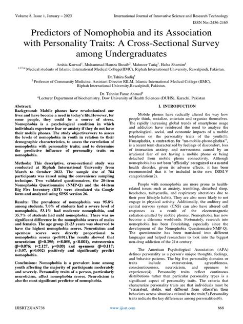 Predictors Of Nomophobia And Its Association With Personality Traits A