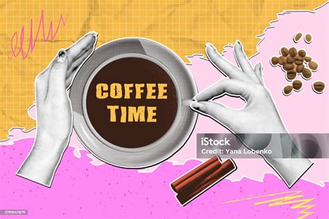 복고풍 콜라주 스타일의 커피 타임 하프톤 효과가 있는 손은 다양한 낙서 주름 및 결이 있는 추상적인 종이 배경에 도자기 커피 컵을 들고 있습니다 Y2k 미학의 트렌디한 종이