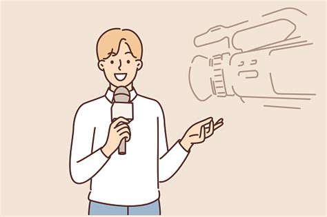 마이크를 가진 남자 기자는 Tv 다큐멘터리를 촬영하는 전문 비디오 카메라 근처에 서 있다 개념에 대한 스톡 벡터 아트 및 기타