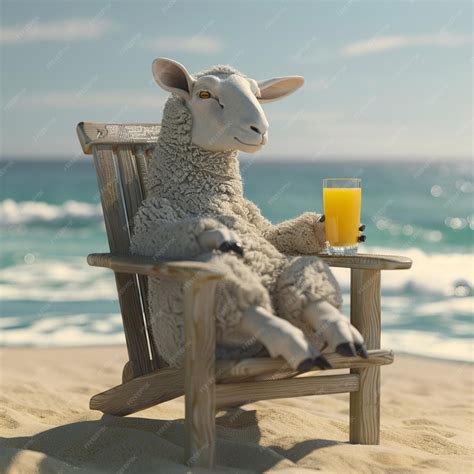 A Sheep Is Sitting In A Chair On The Beach Holding A Glass Of Orange