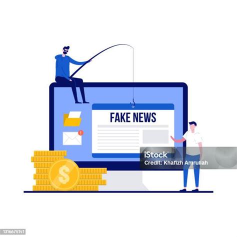 가짜 가짜 뉴스 개념과 캐릭터 잘못된 정보 나 사기는 온라인 소셜 미디어 또는 가짜 뉴스 웹 사이트를 통해 확산 방문 페이지 모바일 앱 포스터 전단지 영웅 이미지에 대한