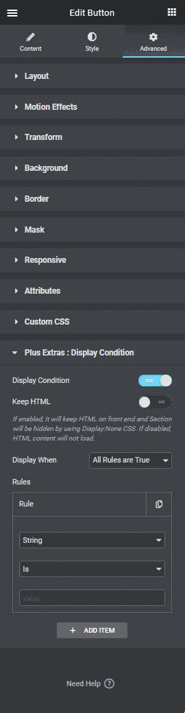 how to set elementor display condition based on url string or