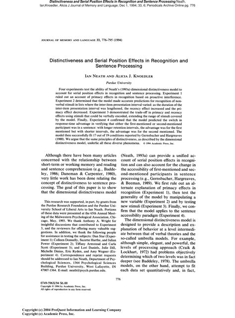 Pdf Distinctiveness And Serial Position Effects In Recognition And