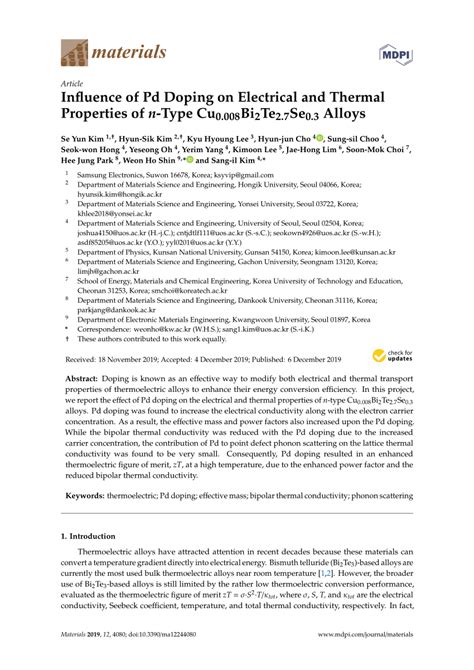 Pdf Influence Of Pd Doping On Electrical And Thermal Properties Of N Type Cu0008bi2te27se03