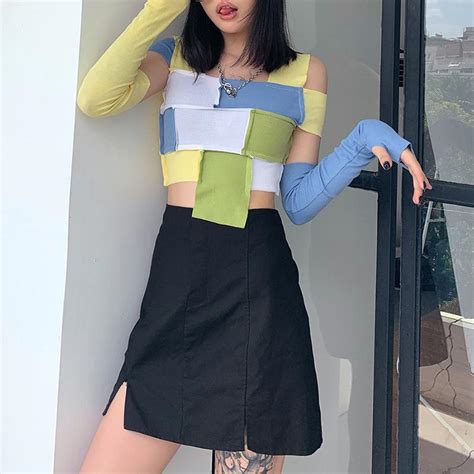 Preppy Patchwork Long Sleeved Crop Top Empty Soda