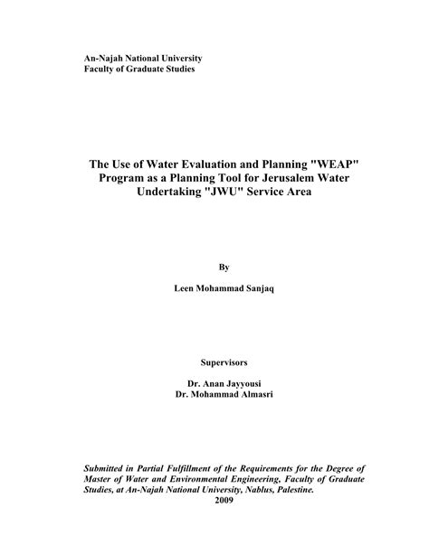 The Use Of Water Evaluation And Planning Weap Program As A Planning Tool For Jerusalem Water