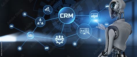 Crm Customer Relationship Management Automation Rpa Concept Robot Pressing Button On Screen 3d
