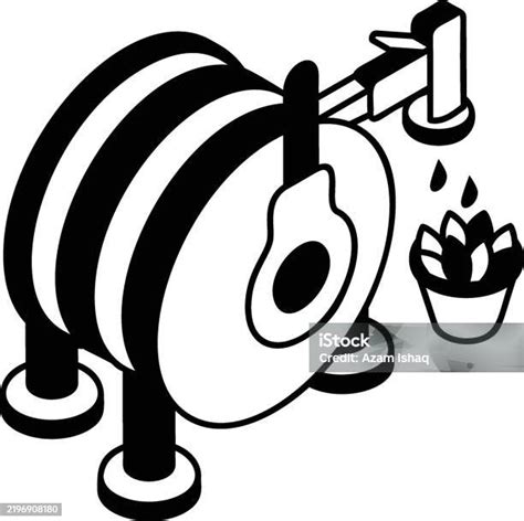 스프레이 노즐이있는 물 호스 파이프 아이소 메트릭 개요 개념 개폐식 Diy 급수 도구 벡터 아이콘 디자인 잔디 및 원예 기호 농장 및 식물 기호 농업 및 원예 장비 가득