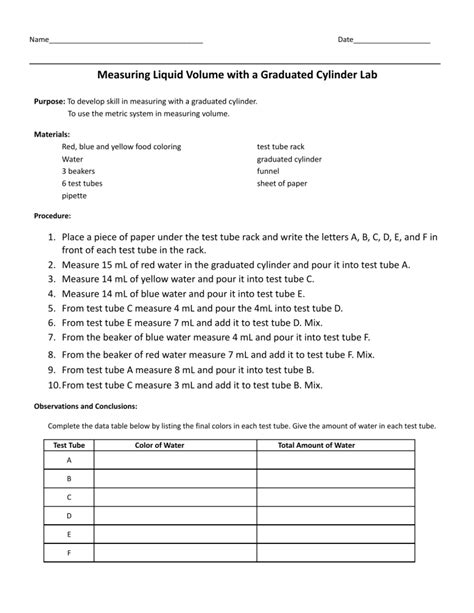 Measuring Liquid Volume Lab Worksheet